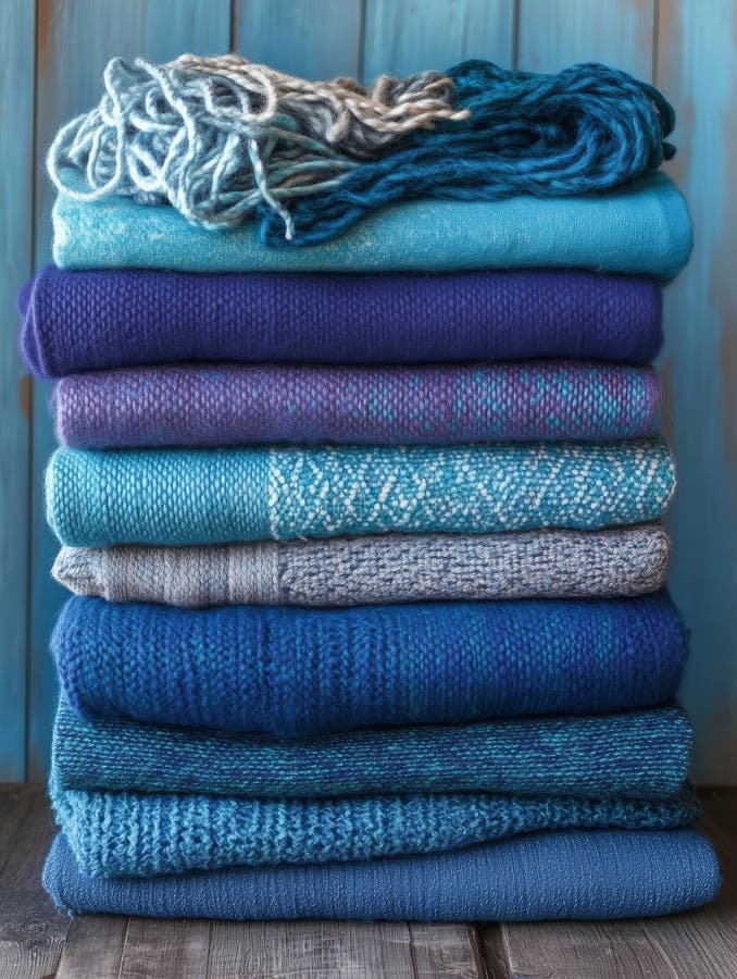 Beautifully Folded Textiles in Shades of Blue Against a Rustic Backdrop ...