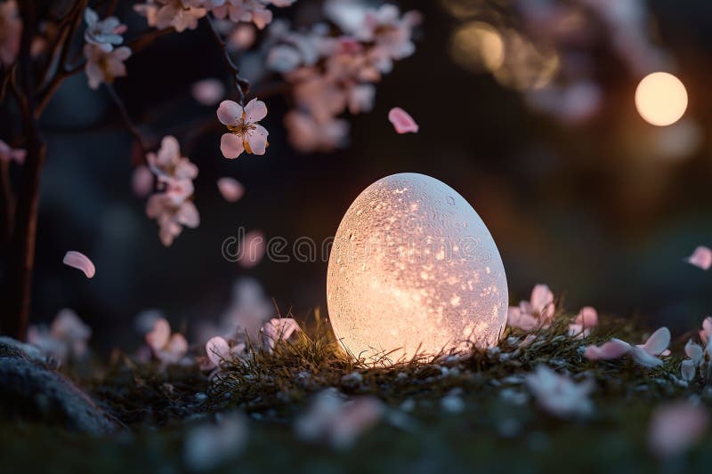 A Beautifully Illuminated Easter Egg Rests Gently on a Soft Grass Bed, Illuminated by a Large ...