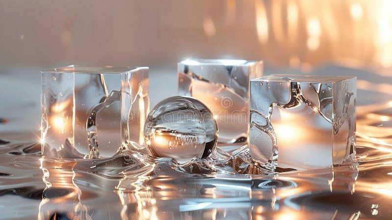 Beautifully Illuminated Ice Cubes and Sphere Floating on Tranquil Water ...