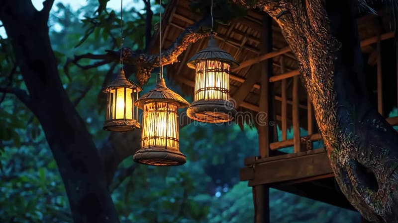 Beautifully Illuminated Lanterns Hang from a Tree in a Serene Evening ...