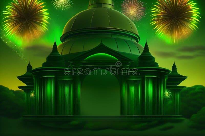 Beautifully Illuminated Mosque with Large Dome. Green Light Colored ...