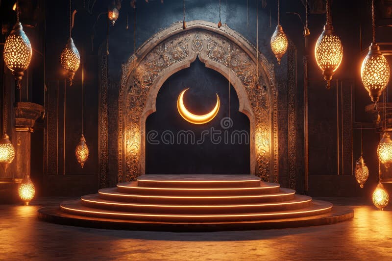 A Beautifully Illuminated Stage with Ornate Decorations and a Crescent ...