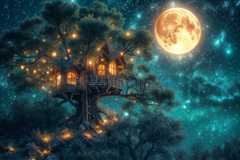 A Beautifully Illuminated Treehouse at Night, Surrounded by Glowing ...