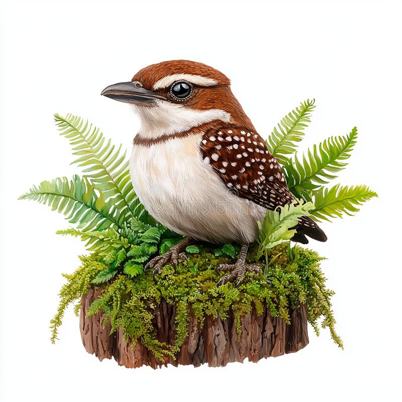 A Beautifully Illustrated Bird Perched on a Mossy Log Stock ...