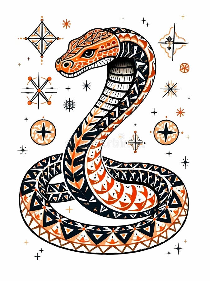 A Beautifully Illustrated Cobra with Decorative Patterns in Orange and ...