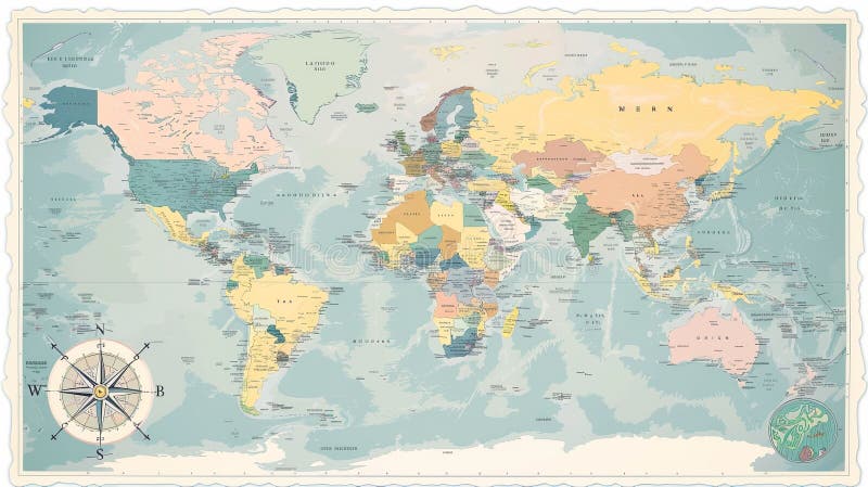 Vintage World Map Illustration with Pastel Colors and Detailed Country ... Vintage World Map Illustration with Pastel Colors and Detailed Country ...