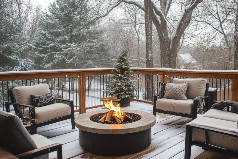 Cozy Winter Backyard Deck with Fire Pit and Comfortable Seating ...