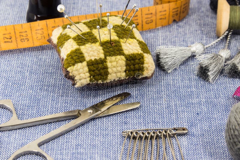 Beautifully Laid Out Accessories for Needlework on a Jeans Background ...