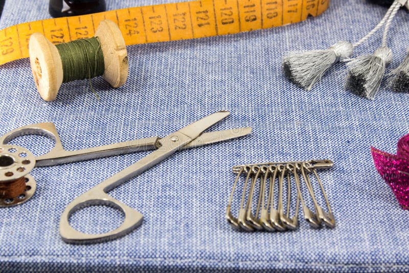 Beautifully Laid Out Accessories for Needlework on a Jeans Background ...