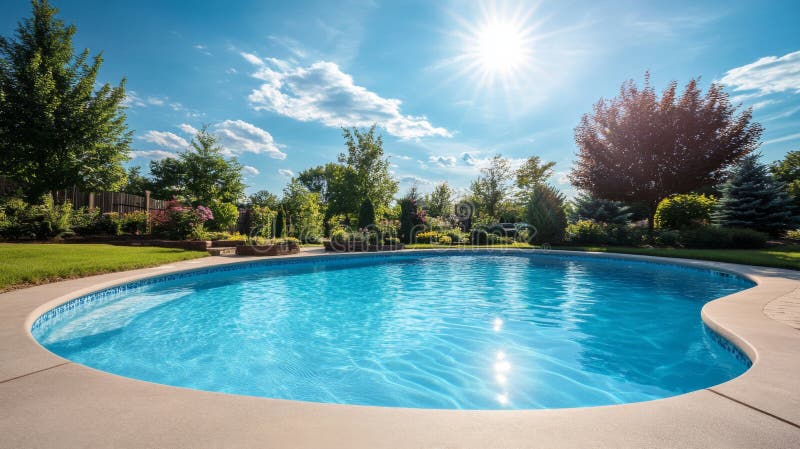 Serene Backyard Oasis with Sparkling Pool Under Bright Sun Stock Image ...