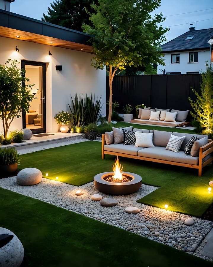 Modern Backyard Oasis with Fire Pit Stock Image - Image of comfortable ...