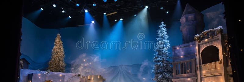 Beautifully Lit Christmas Themed Stage Set with Trees Snow and ...