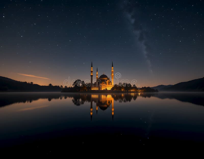 Night Time Reflection of Illuminated Mosque Stock Illustration ...