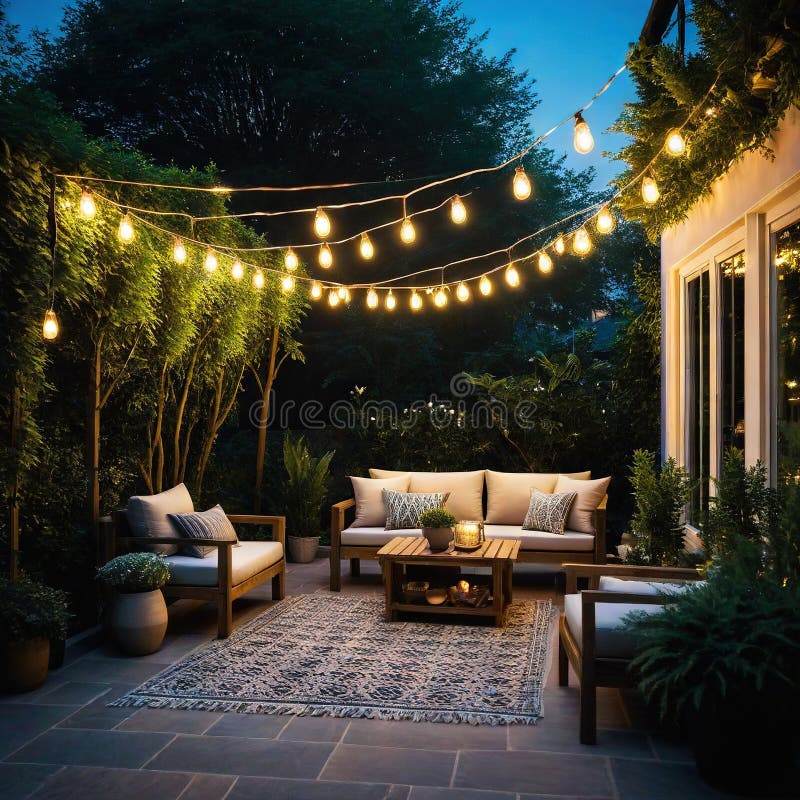 A Beautifully Lit Patio at Night with String Lights and Lanterns Stock ...