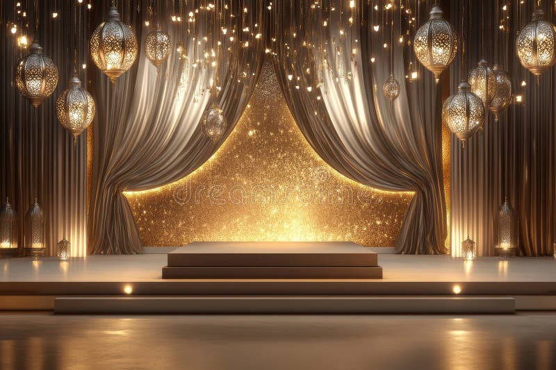 A Beautifully Lit Stage with Elegant Curtains and Decorative Lanterns ...