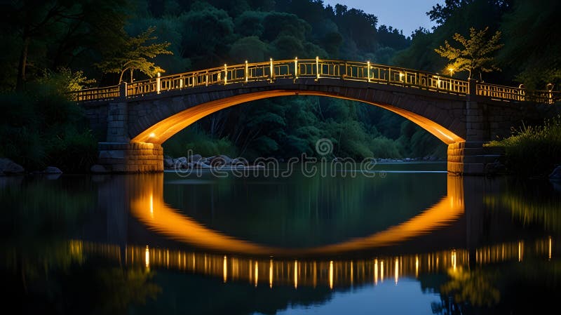 A Beautifully Lit Traditional Bridge Spanning Across a Peaceful River ...