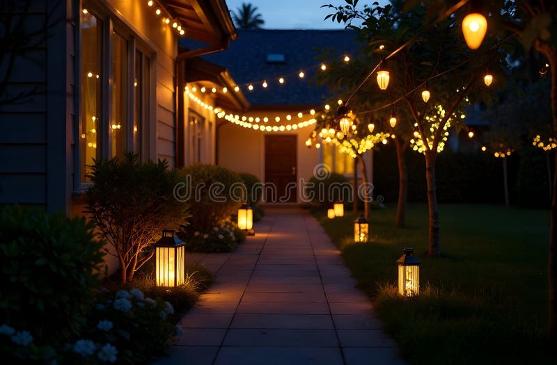 A Beautifully Lit Walkway with Glowing Lanterns and String Lights ...