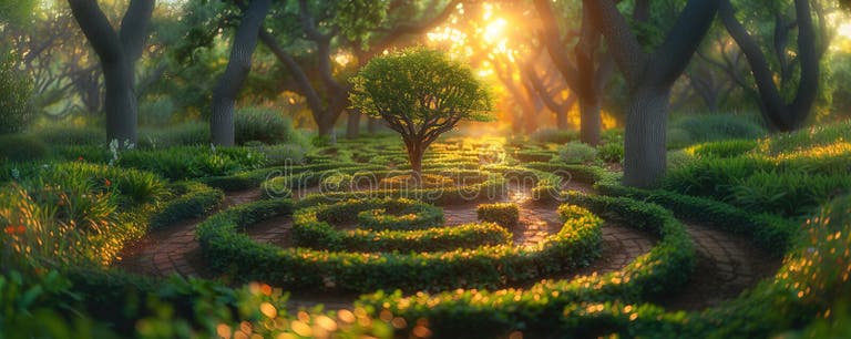 Bright Sun Illuminating a Labyrinth with Lush Greenery and a Central ...