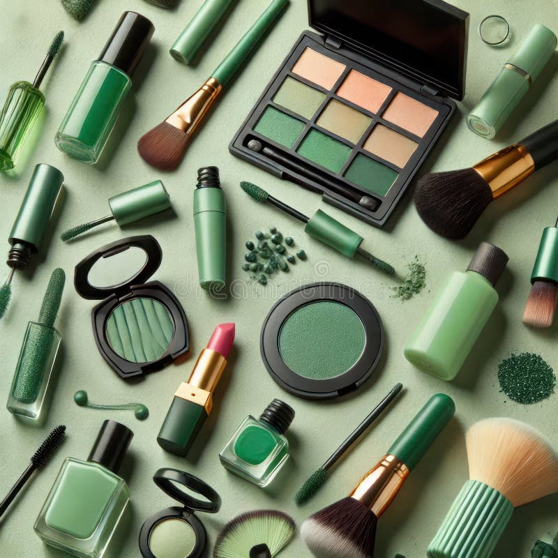 Vibrant Green-Themed Makeup Essentials Flat Lay with Coordinated Beauty ...