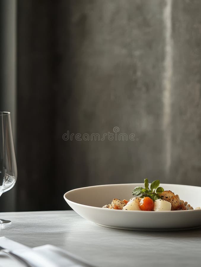 A Beautifully Plated Dish on a Minimalist Table Setting with a Glass ...