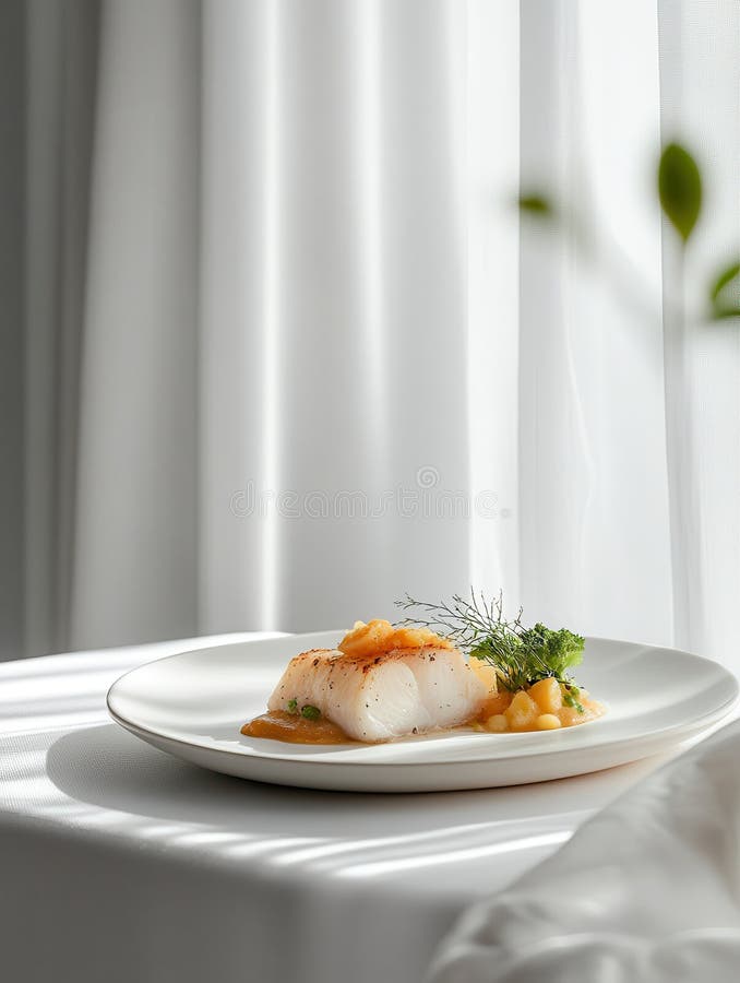 A Beautifully Plated Fish Dish with Garnishes and a Light Backdrop ...