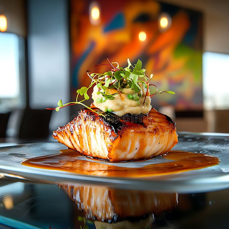 Miso-Glazed Black Cod with Wasabi Mash in Golden Setting Stock Image ...