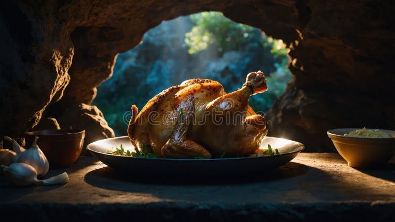 A Beautifully Roasted Chicken on a Plate, Set in a Rustic Cave with ...