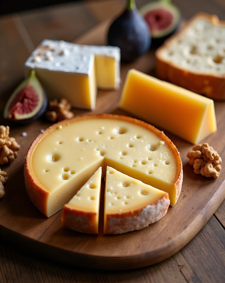 Rustic Cheese on Wooden Board , Aged Gouda, Creamy Brie, Sharp Cheddar ...