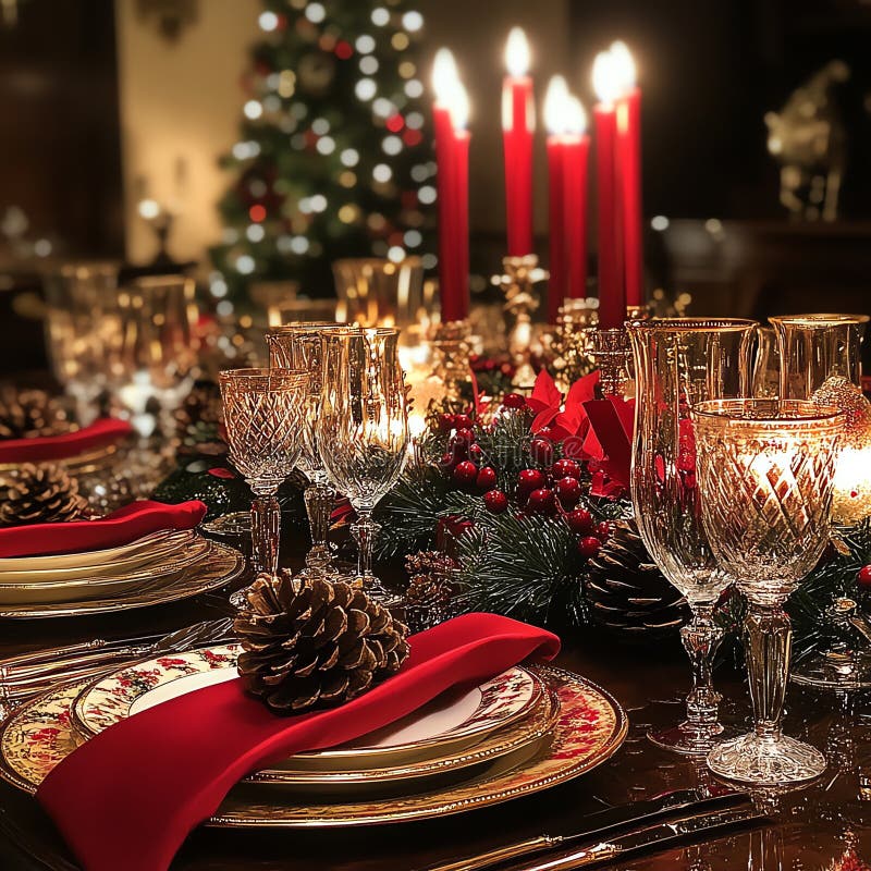 Beautifully Set Christmas Dinner Table with Candles and Decorations ...