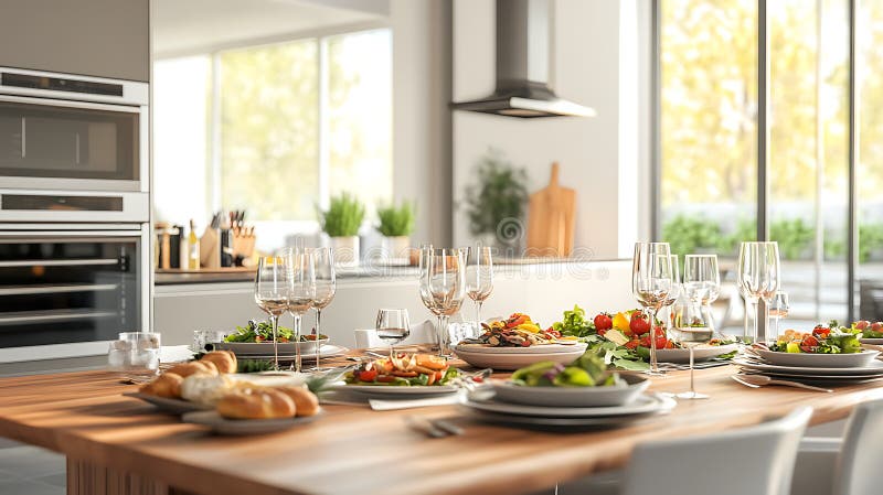 A Beautifully Set Dining Table in a Modern Kitchen, with an Array of ...