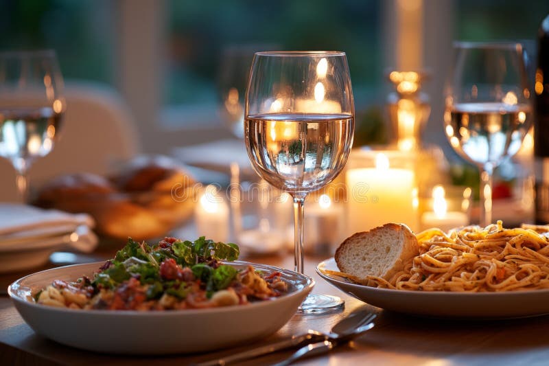 A Beautifully Set Dinner Table with Pasta Dishes and Wine Glasses. Soft ...