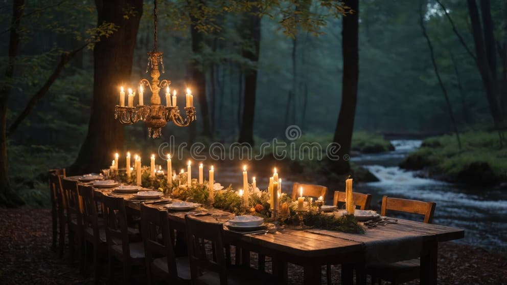 Romantic Candlelit Dinner Table in the Forest at Night Stock ...