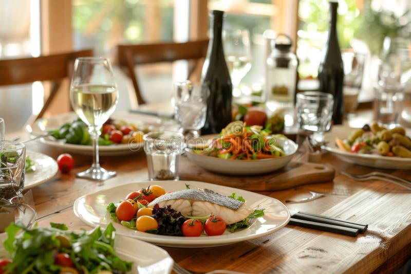 Beautifully Set Table with Fish, Vegetables, and Wine Glass. Stock ...