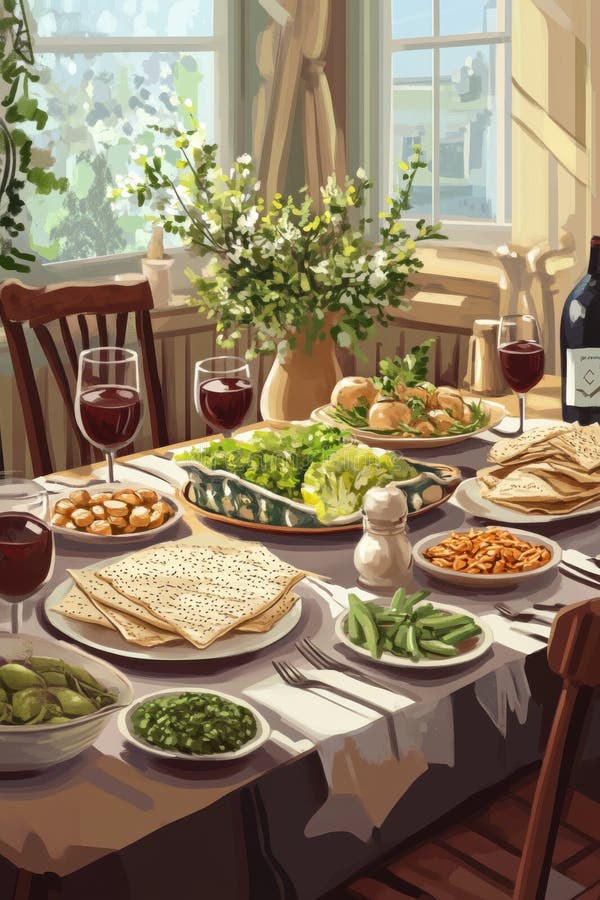 Passover Seder Table Setting Stock Illustration - Illustration of maror ...