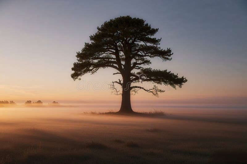 A Beautifully Shaped Pine Tree Standing Alone in the Morning Sunlight ...