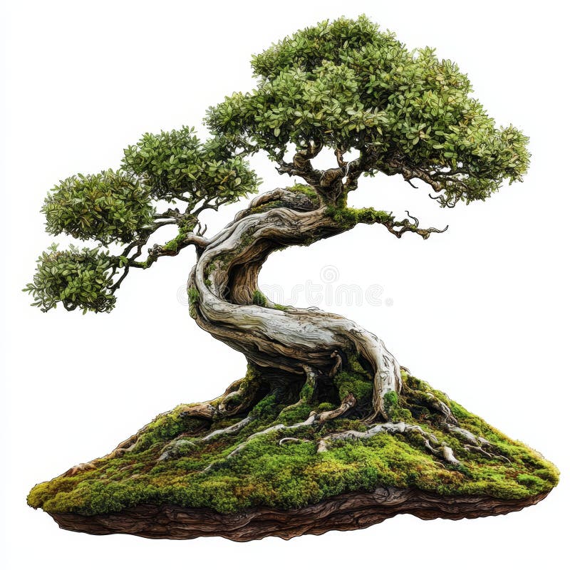 Stylized Bonsai Tree with Textured Moss-covered Roots Set Against a ...