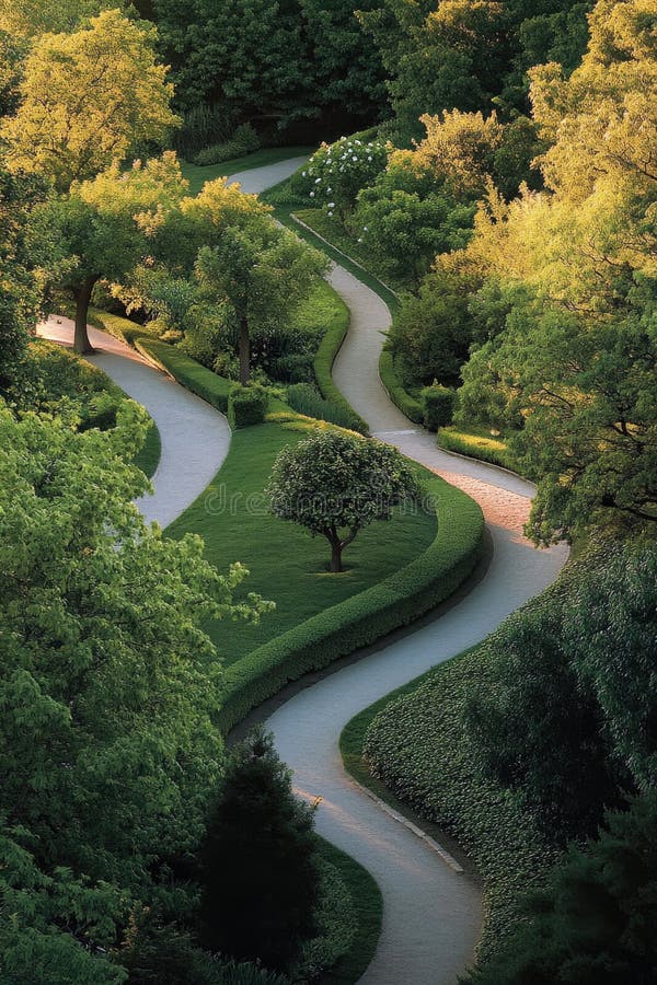 Serene Winding Path through Lush Greenery in a Tranquil Forest Setting ...