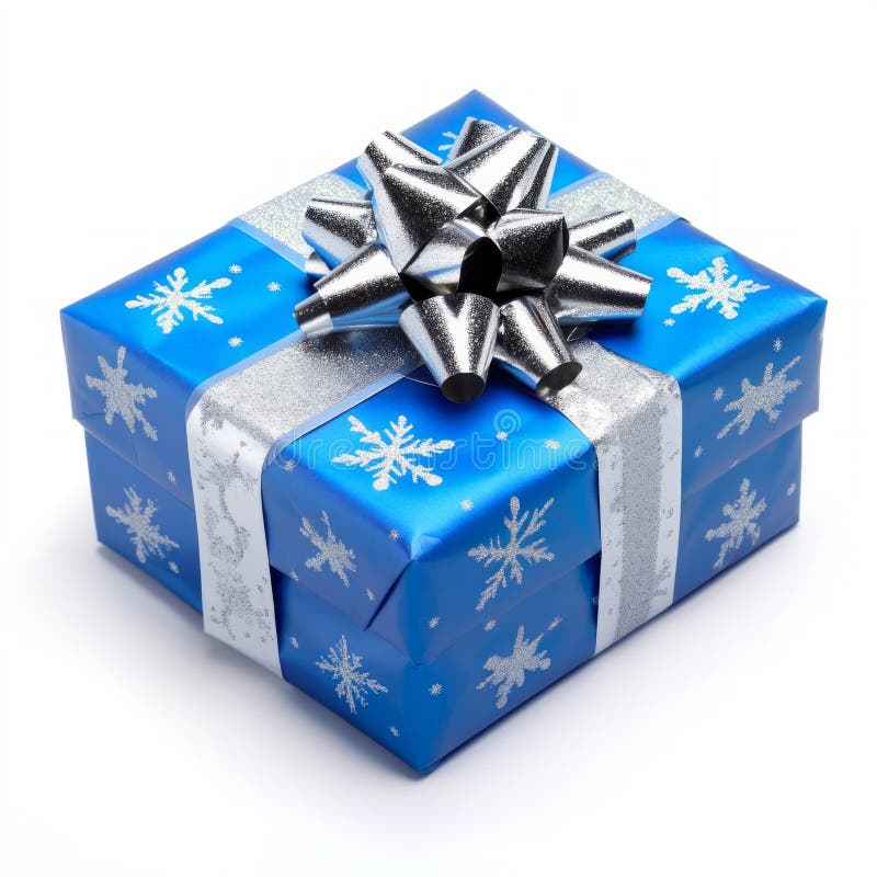 A Beautifully Wrapped Blue Gift Box Adorned with a Shiny Silver Bow ...