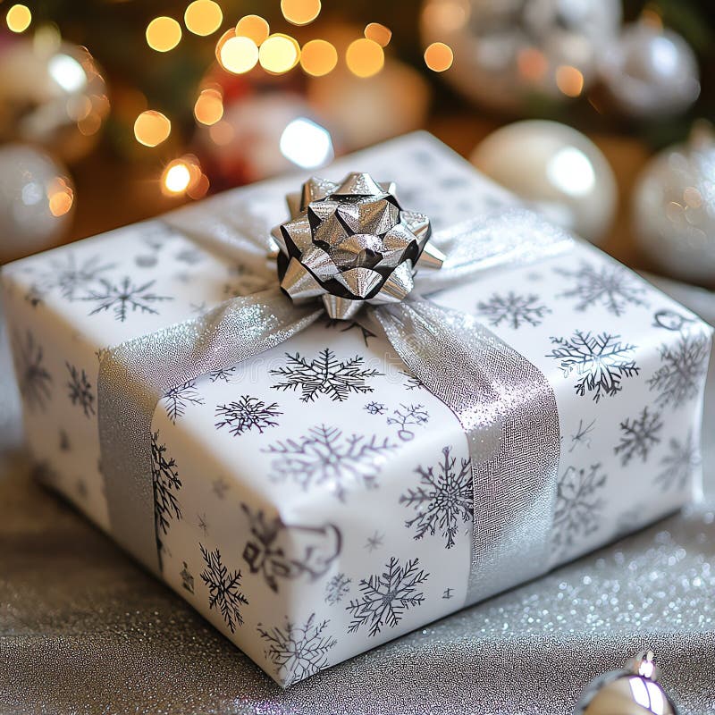 Beautifully Wrapped Christmas Gift with a Silver Bow and Bell Stock Photo - Image of seasonal ...