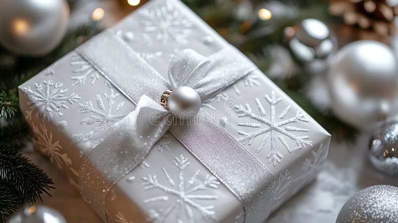 Beautifully Wrapped Christmas Gift with a Silver Bow and Bell Stock ...