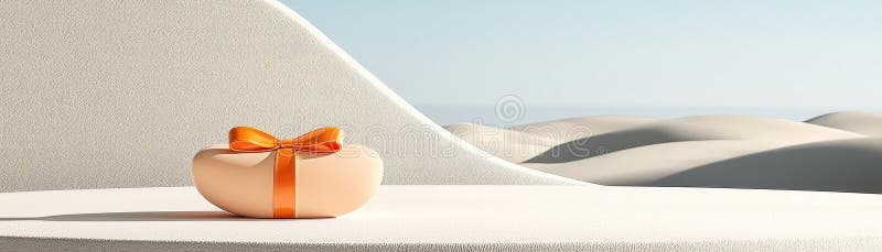 Elegant Gift Box with Orange Ribbon on a Smooth Sandy Landscape with ...