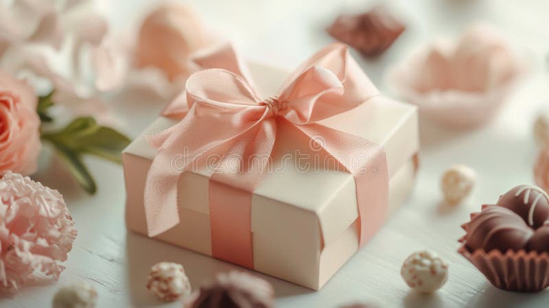 Delicate Gift Box Adorned with a Satin Ribbon Amidst an Arrangement of ...