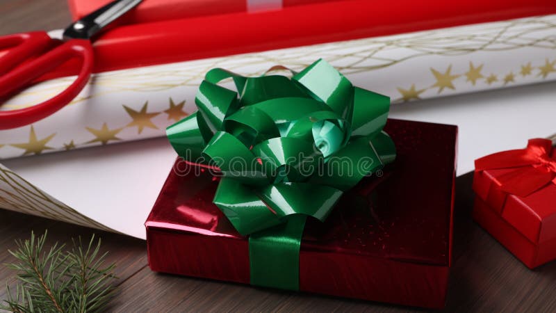 Beautifully Wrapped Gift Boxes on Wooden Table, Closeup Stock Image ...