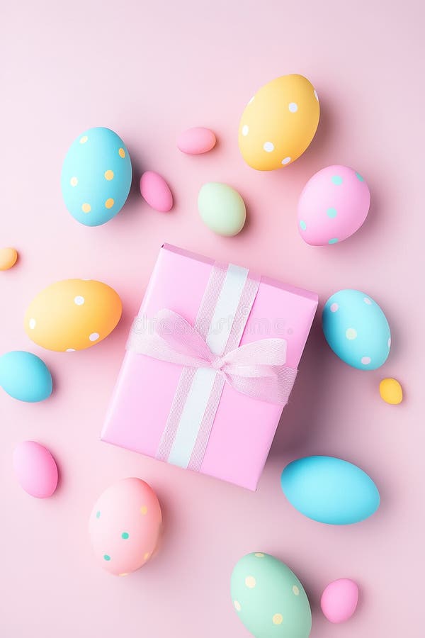Beautifully Wrapped Gift Box Pink Ribbon Surrounded Easter Eggs Stock ...