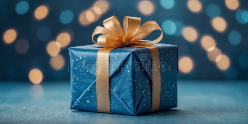 Beautifully Wrapped Present with Blue Paper and Ribbon on Soft Blue ...