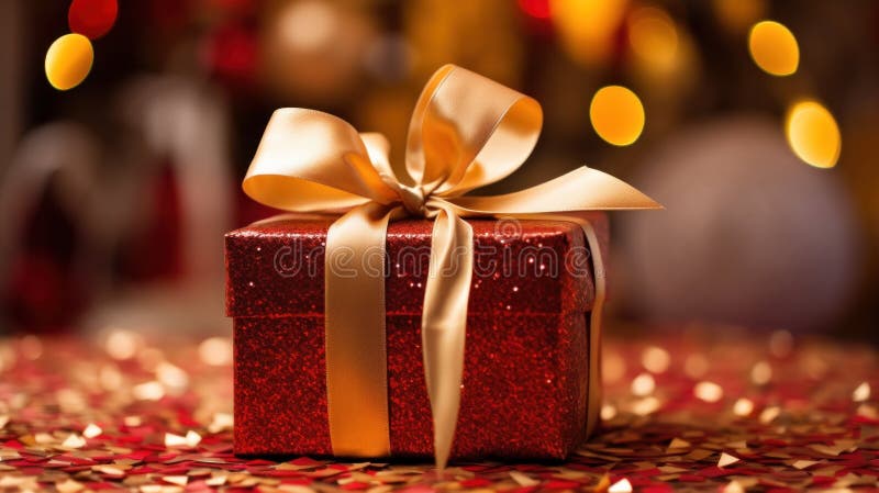 A Beautifully Wrapped Present with a Festive Red and Gold Ribbon Stock ...