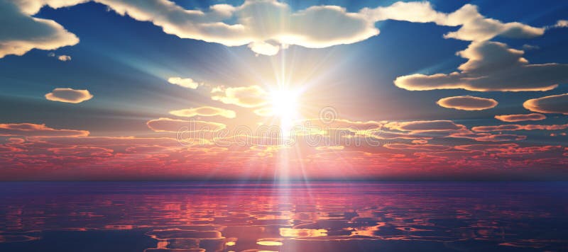 Beautify Sunset Over Sea, Sun Ray Stock Illustration - Illustration of ...