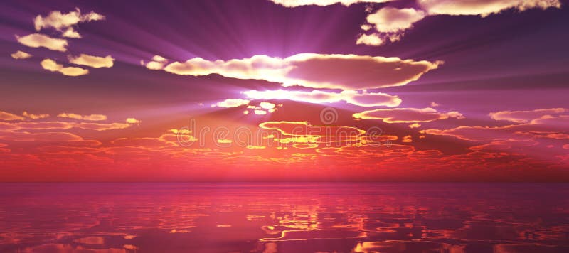 Beautify Sunset Over Sea, Sun Ray Stock Illustration - Illustration of ...