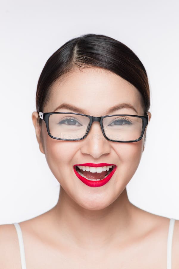 Beauty Asian Model Girl With Perfect Skin Wearing Glasses Isolated On White Background Stock
