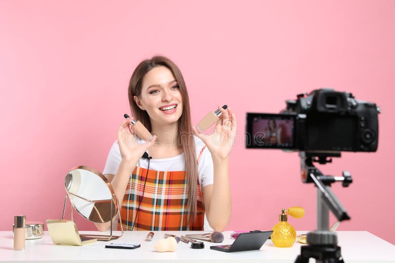 Beauty Blogger Filming Make Up Tutorial on Background Stock Photo ...